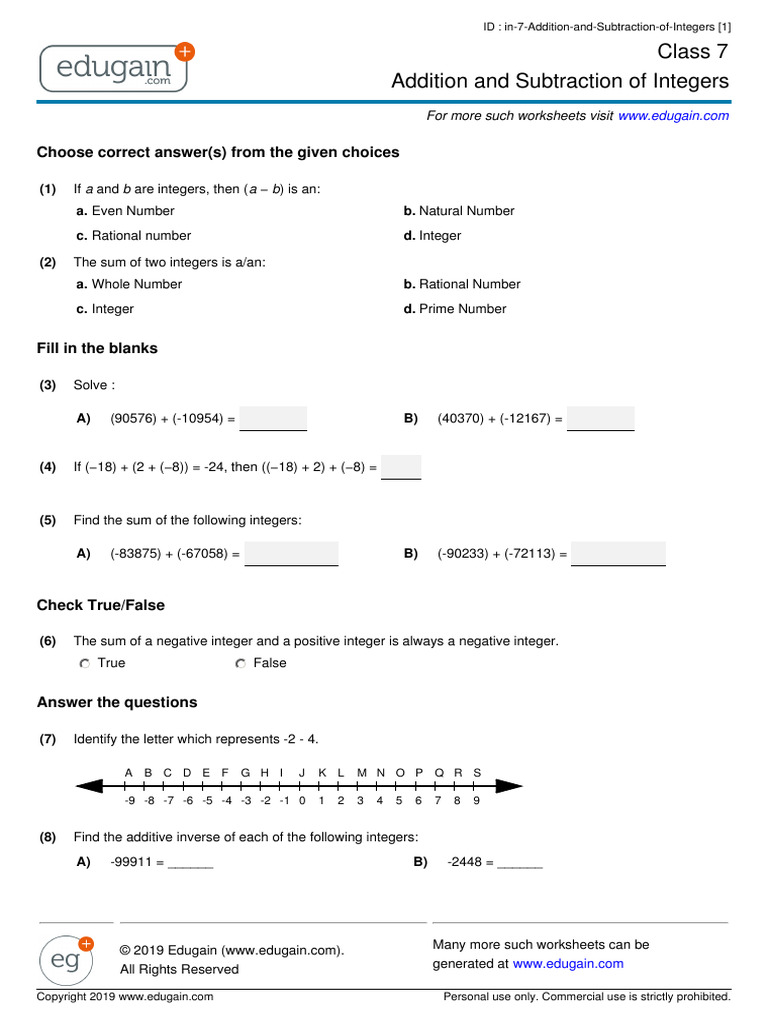 Grade 7 Addition and Subtraction of Integers in | PDF | Numbers | Integer