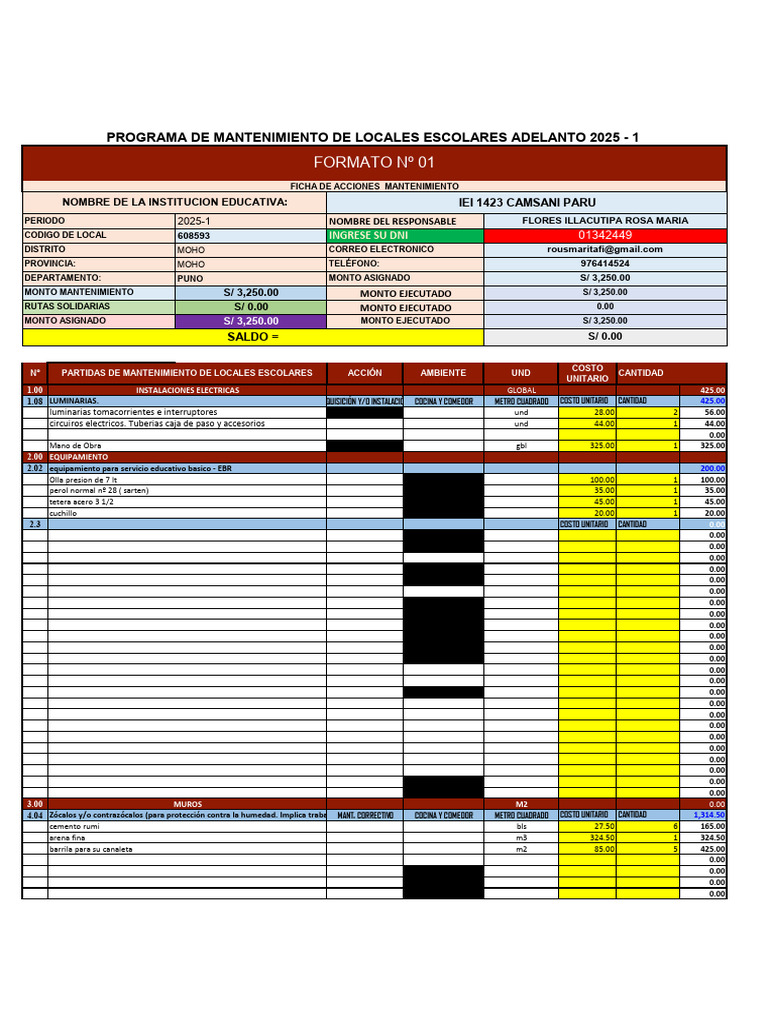 FICHA EXCEL MANTEnimiento MOHO 2025 en PDF. | PDF