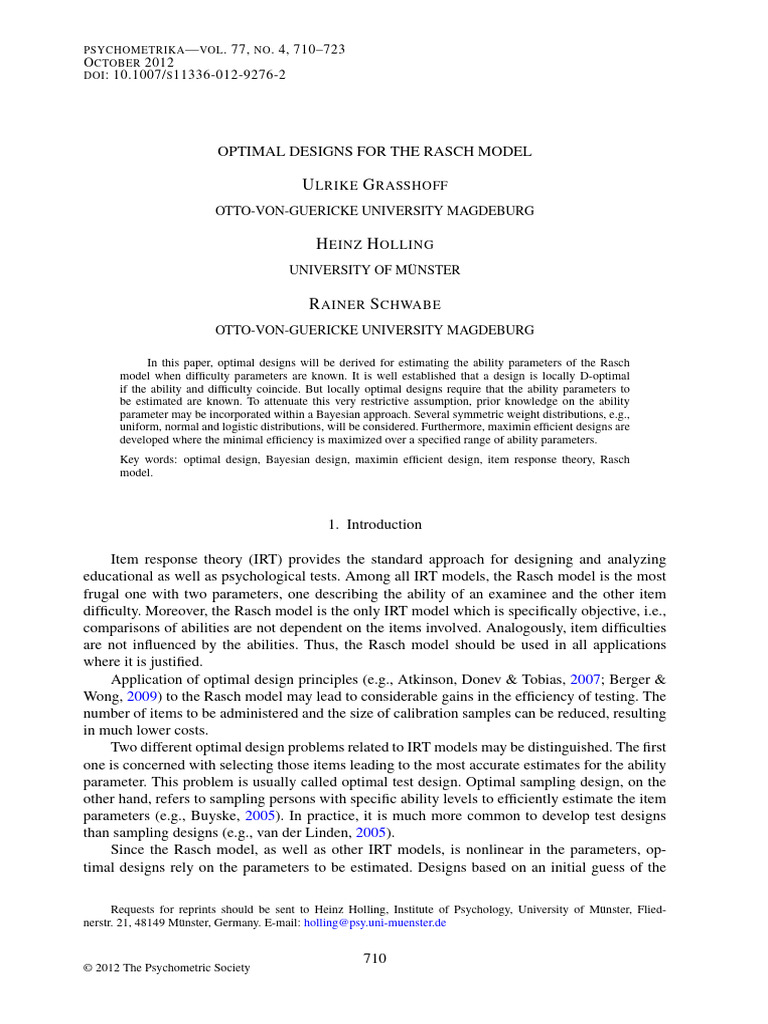 Optimal Designs For The Rasch Model | PDF | Bayesian Inference | Normal Distribution