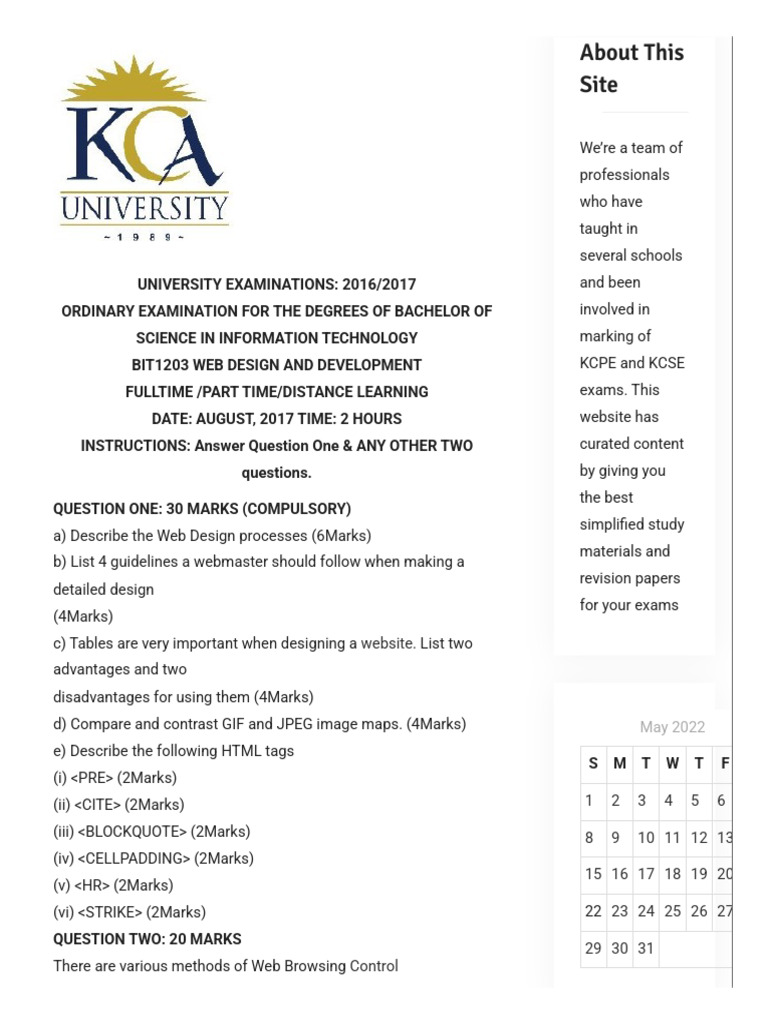 Web Design and Development. Kca Past Paper | PDF | Document Object Model | Html
