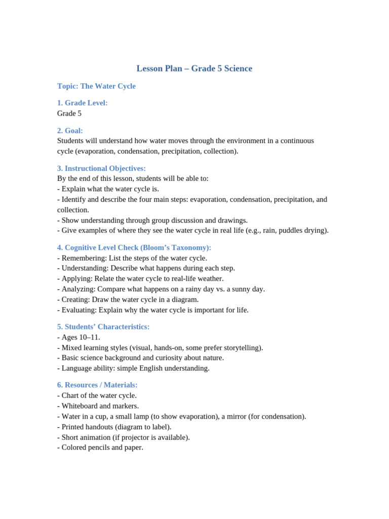 Grade 5 Water Cycle Lesson Plan | PDF | Water Cycle | Water