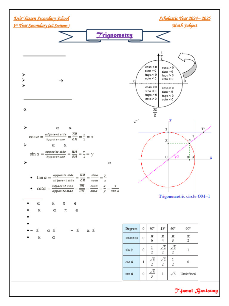 Trignometry (G10) - T.jamal Basiouny | PDF | Trigonometry | Euclidean Plane Geometry