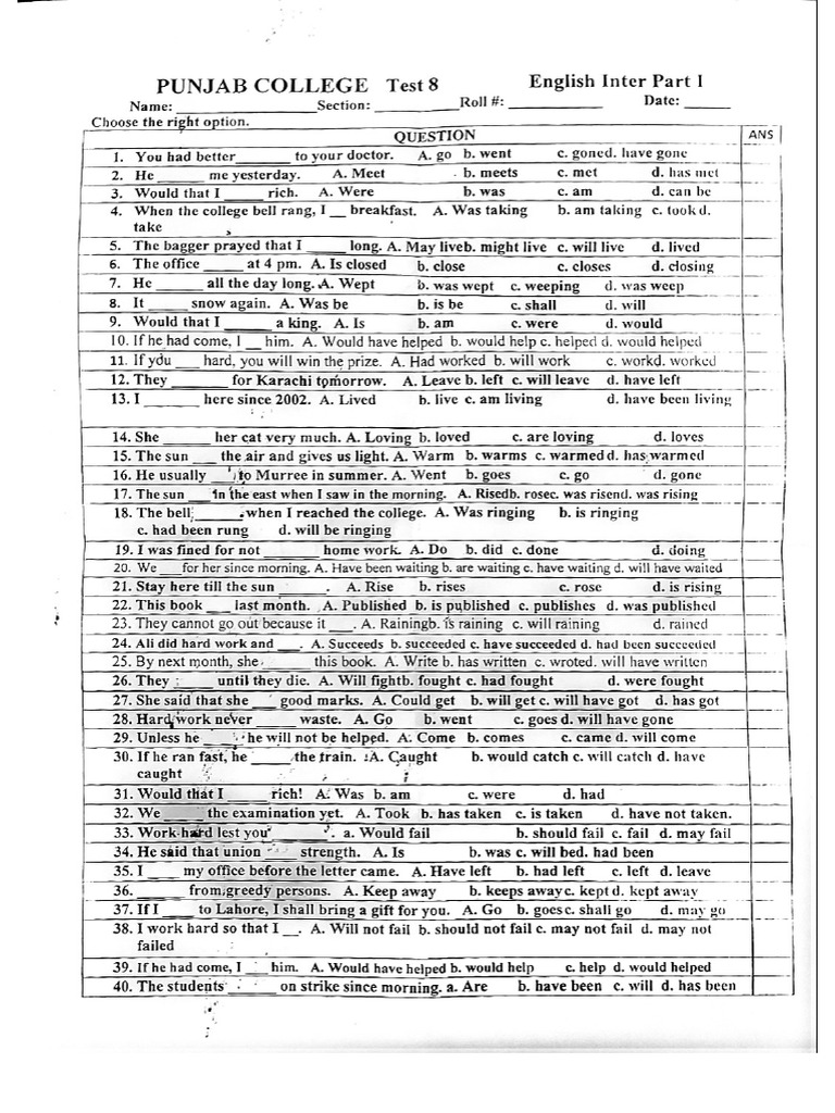 ENGLISH IMP MCQS (FORM OF VERB) WITH ANSWER KEY | PDF