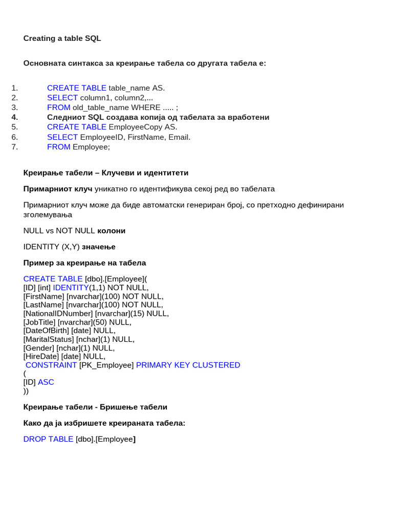 Kreiranje Tabela SQL - Doc 1va Nedela Den2 | PDF