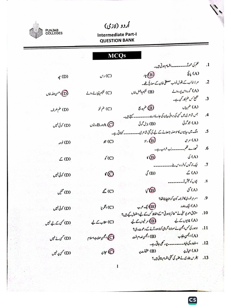 1st Year Urdu Important Mcqs | PDF