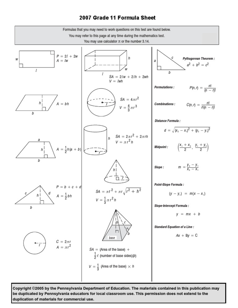 Do Not Remove From Booklet: 2007 Grade 11 Formula Sheet | Equations ...