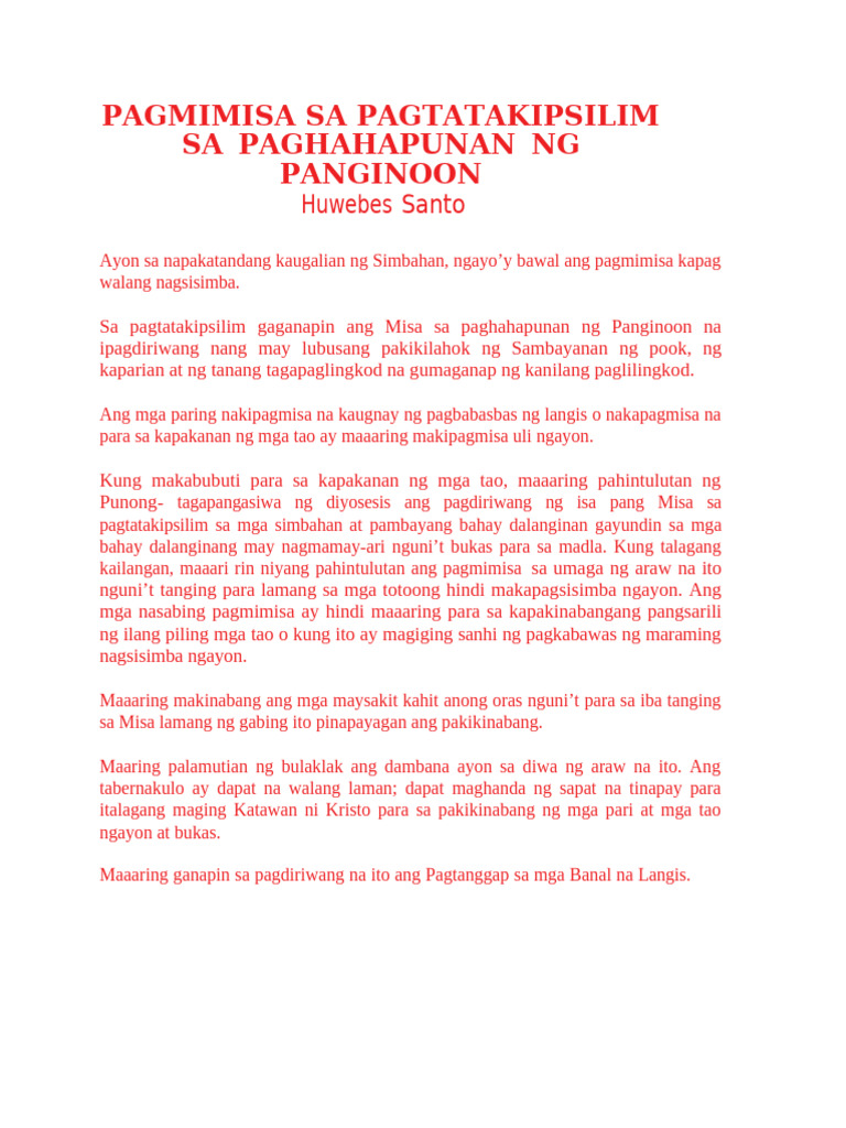 PAGMIMISA SA PAGTATAKIPSILIM SA PAGHAHAPUNAN NG PANGINOON | PDF