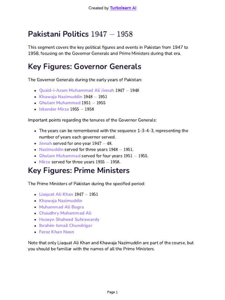 Key Political Figures in Pakistan 1947-1958 | PDF | Pakistan ...