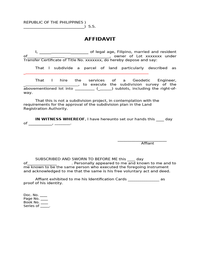 Affidavit for Land Subdivision in Philippines | PDF