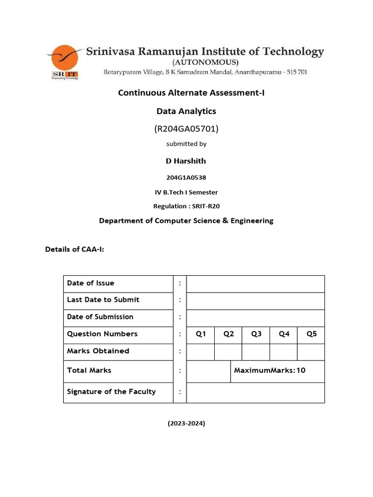 Continuous Alternate Assessment-I Data Analytics: Department of Computer Science & Engineering | PDF