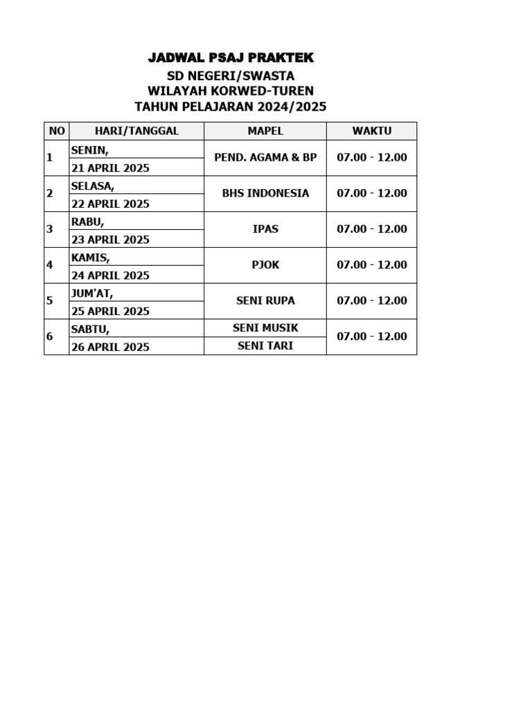 Jadwal Psaj Praktek Korwed Turen 24-25 | PDF