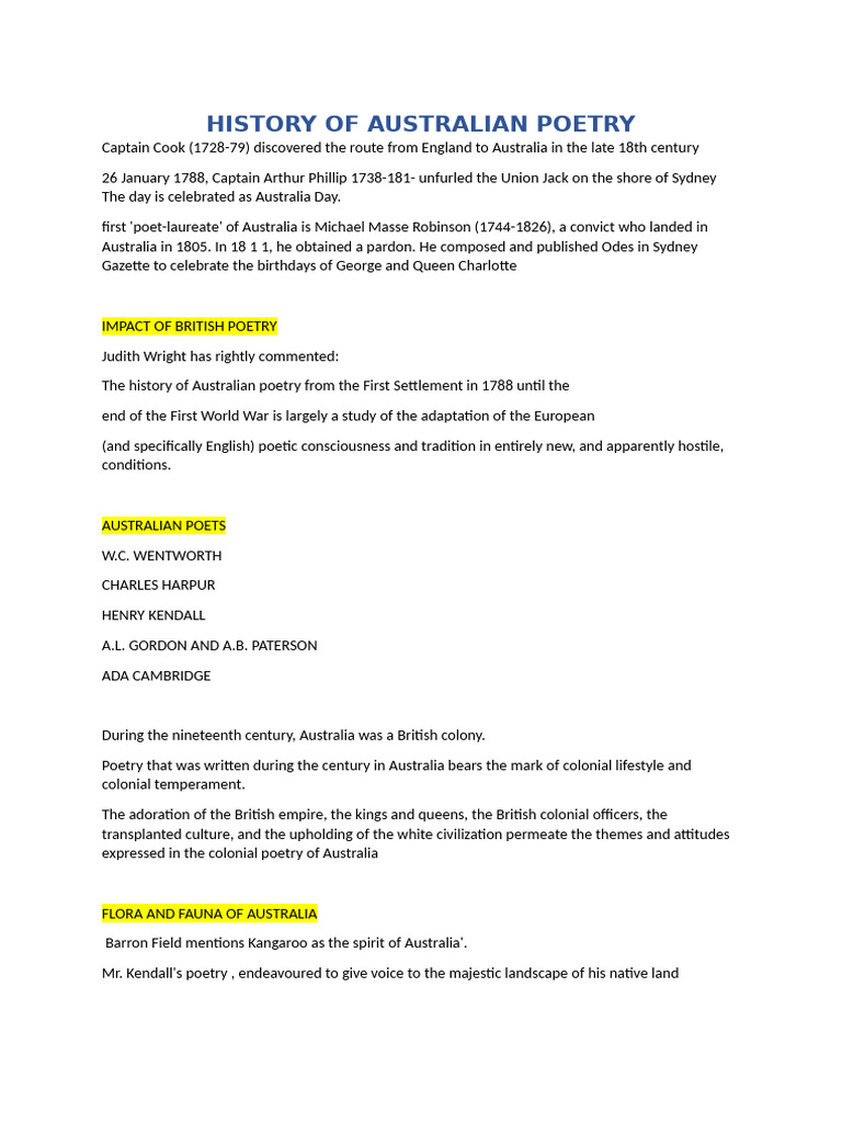 History of Australian Poetry | PDF | Australian Literature | Australia
