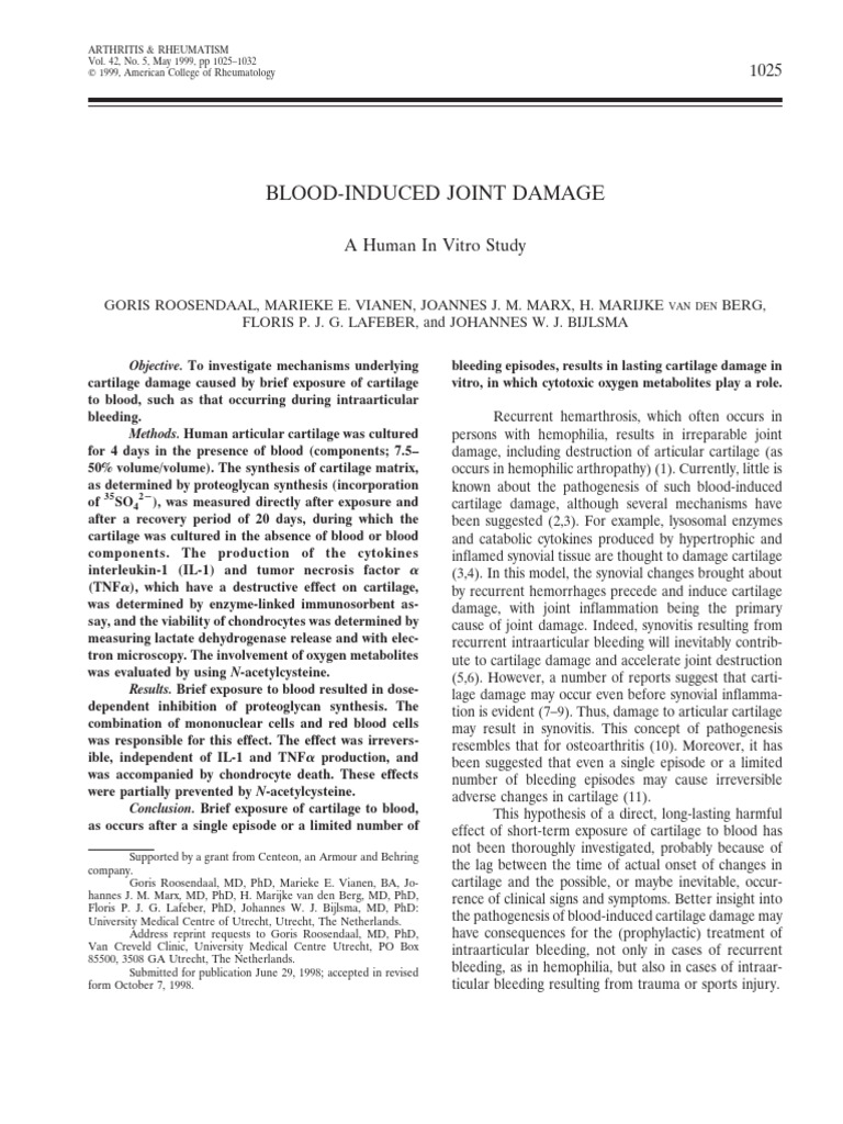 Blood Induced Joint Damage A Human in VI | PDF | Cartilage | Red Blood Cell