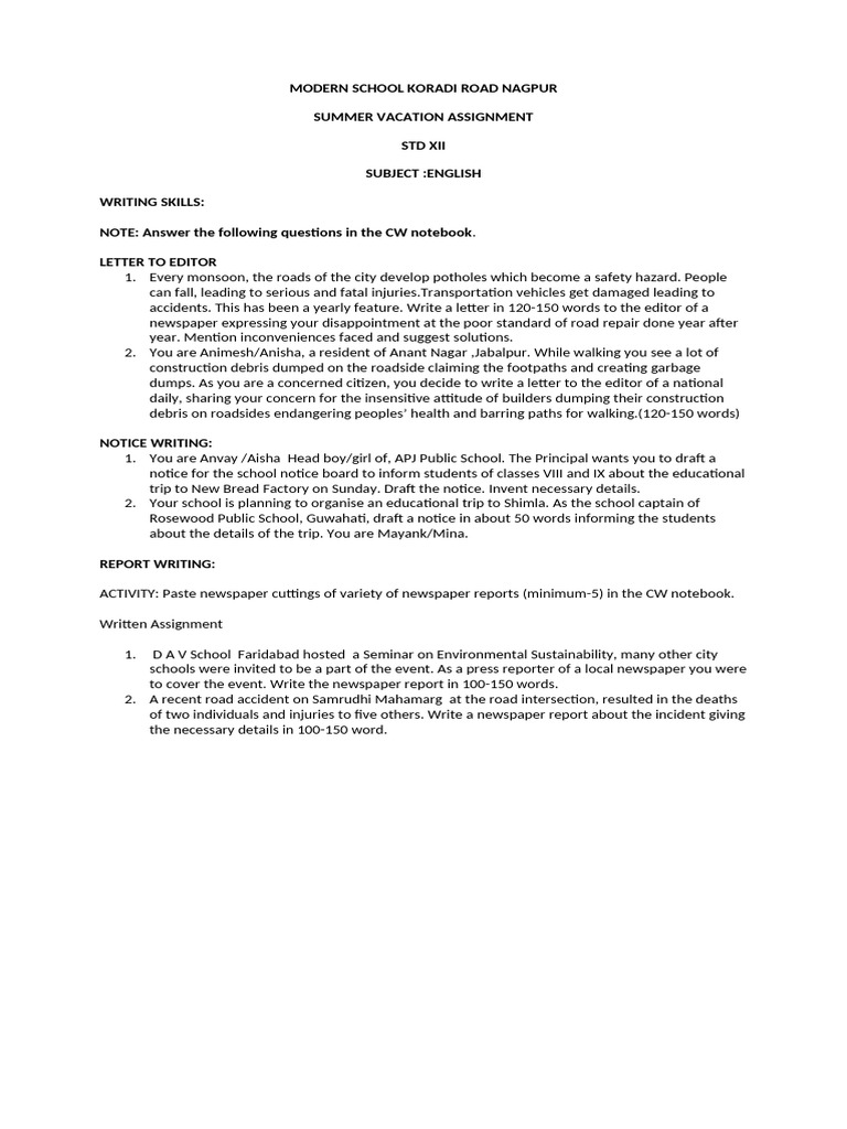 English Summer Assignment (Xii) | PDF | Safety | Transport