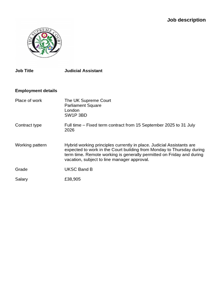 UK Supreme Court - Judicial Assistant Recruitment 2025 - Job ...