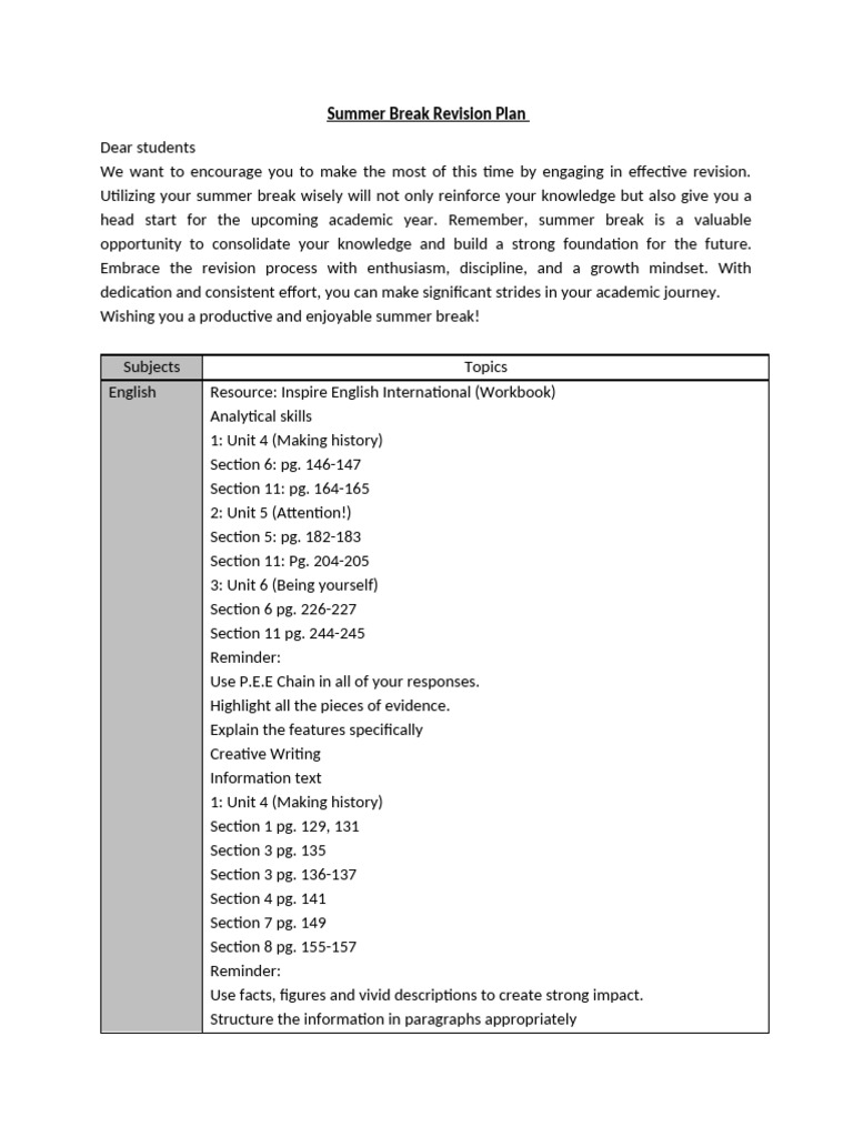 Summer Break Revision Plan | PDF | Salt (Chemistry) | Chemical Compounds