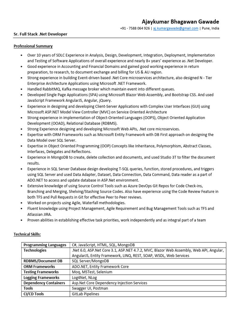 Ajay Kumar Gawade - Resume | PDF | Microsoft Sql Server | Entity Framework
