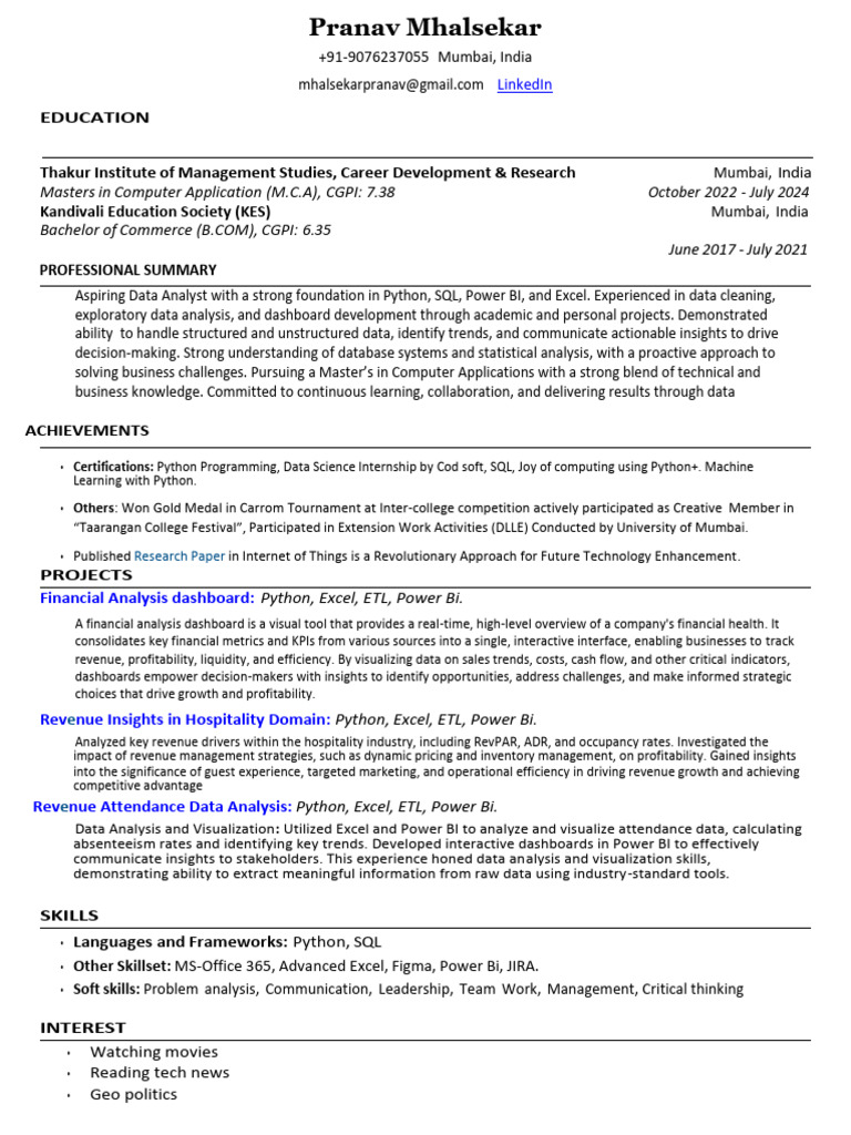 Data-Anylst Resume Pranav | PDF | Data Management | Computing