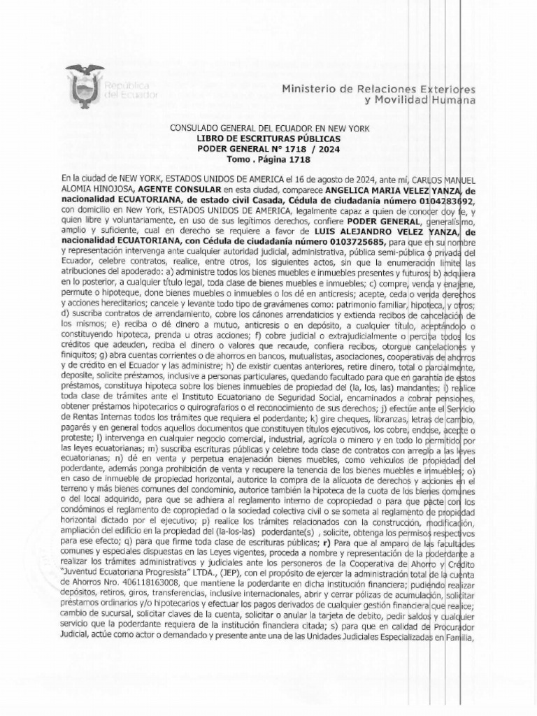 Acto Notarial (Poder General y Primera Copia No. 1718) | PDF