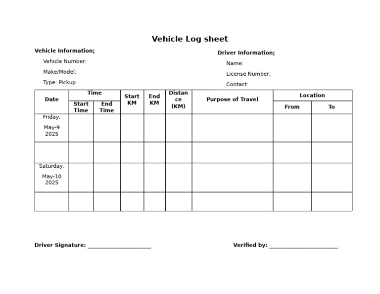 Vehicle Log Sheet | PDF