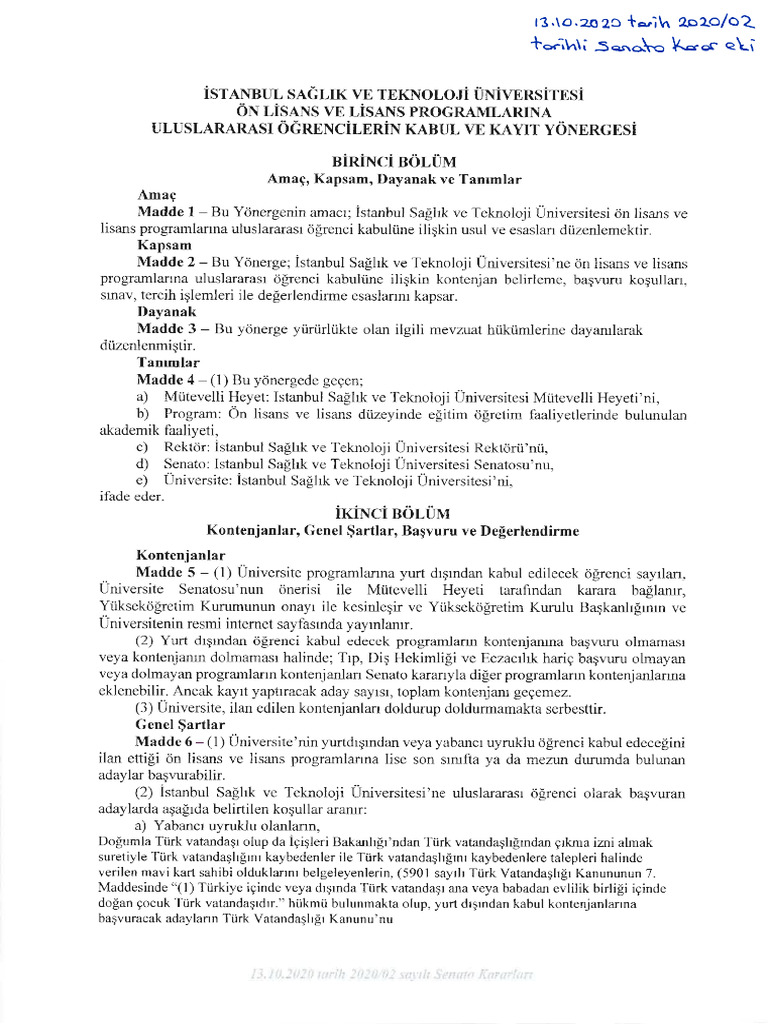 N Lisans Ve Lisans Programlarına Uluslararası Öğrencilerin Kabul Kayıt Yönergesi | PDF