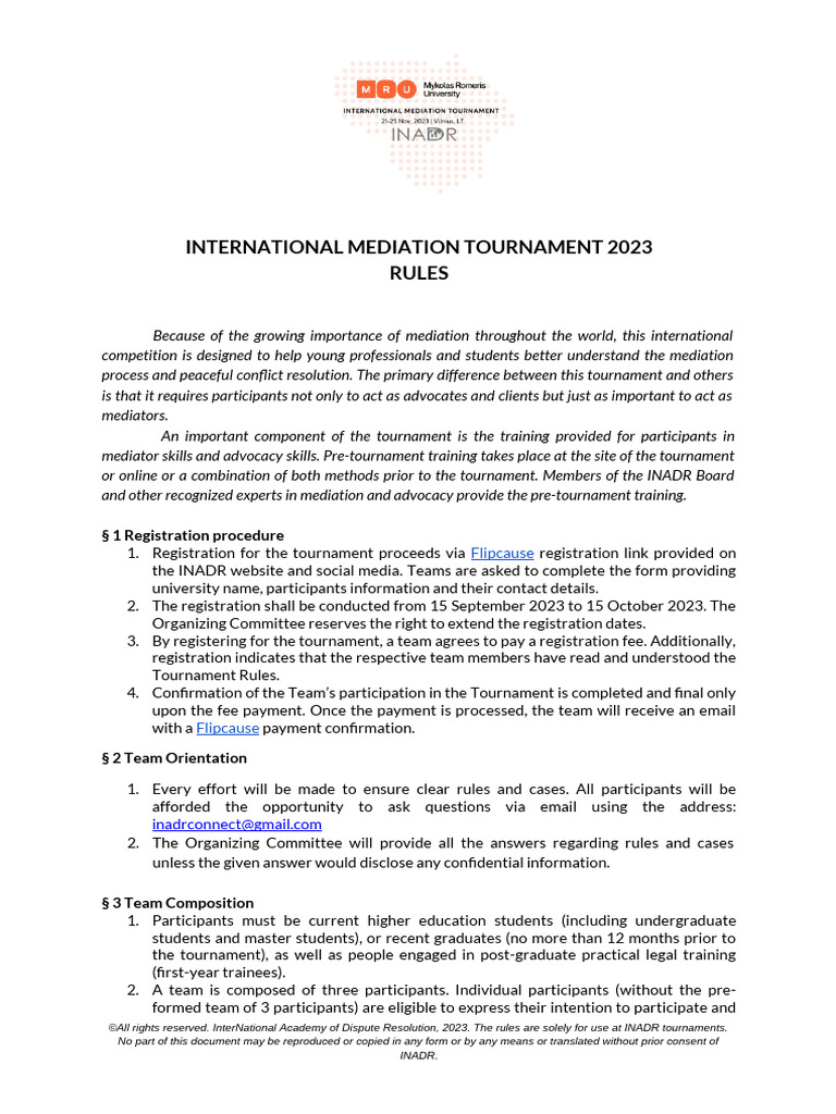 Tournament Rules Inadr Mru 2023 | PDF | Mediation | Caucus