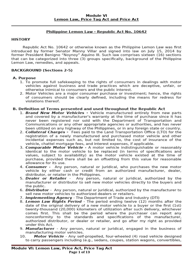 Module VI Lemon Law Price Tag Act and Price Act | PDF | Mediation ...