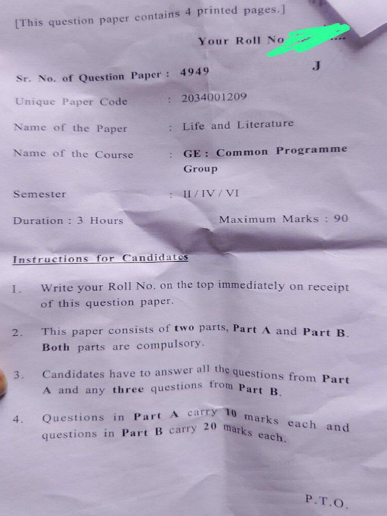 GE Life and Literature Sem 6th Today Ques PPR | PDF