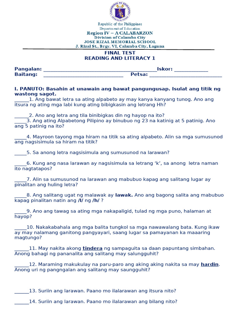 Reading Q4 Final Test 2024 2025 | PDF