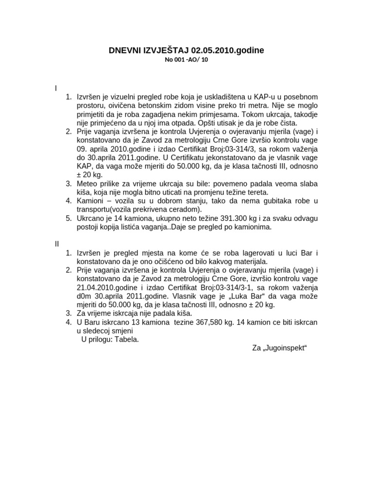 Dnevni Izvjestaj Za 02.05.2010. | PDF