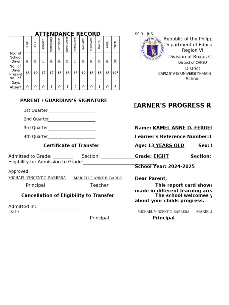 SF9 Learners Progress Report Card Template For JHS | PDF | Behavioural Sciences