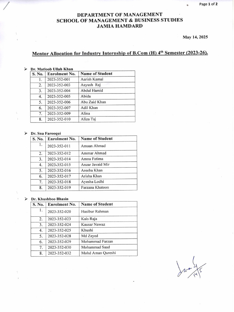 Mentor Allocation For Industry Internship of B.com 4th Semester | PDF