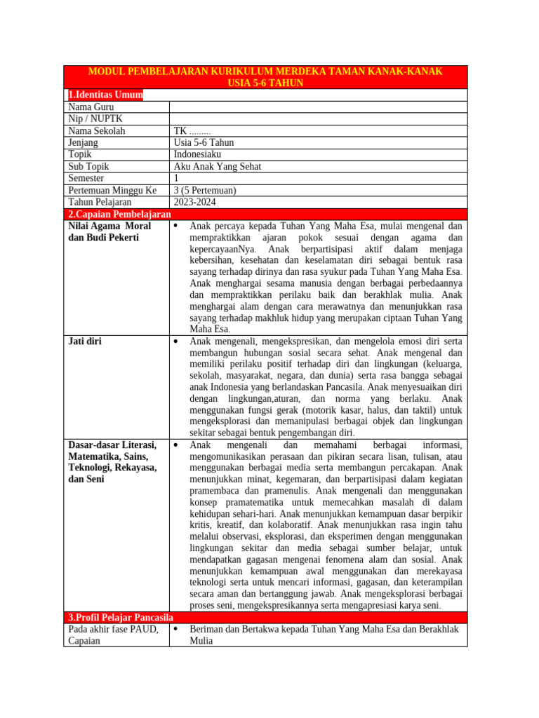 Modul RPPH TK - 5-6 Minggu Ke 3 | PDF