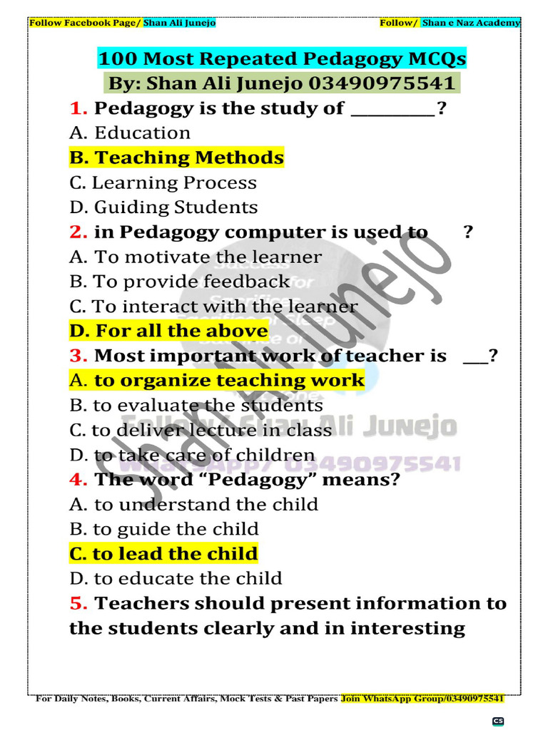 Educational Theories 100 Important Solved Mcqs by Shan Ali Junejo 03490975541 03490975542 | PDF