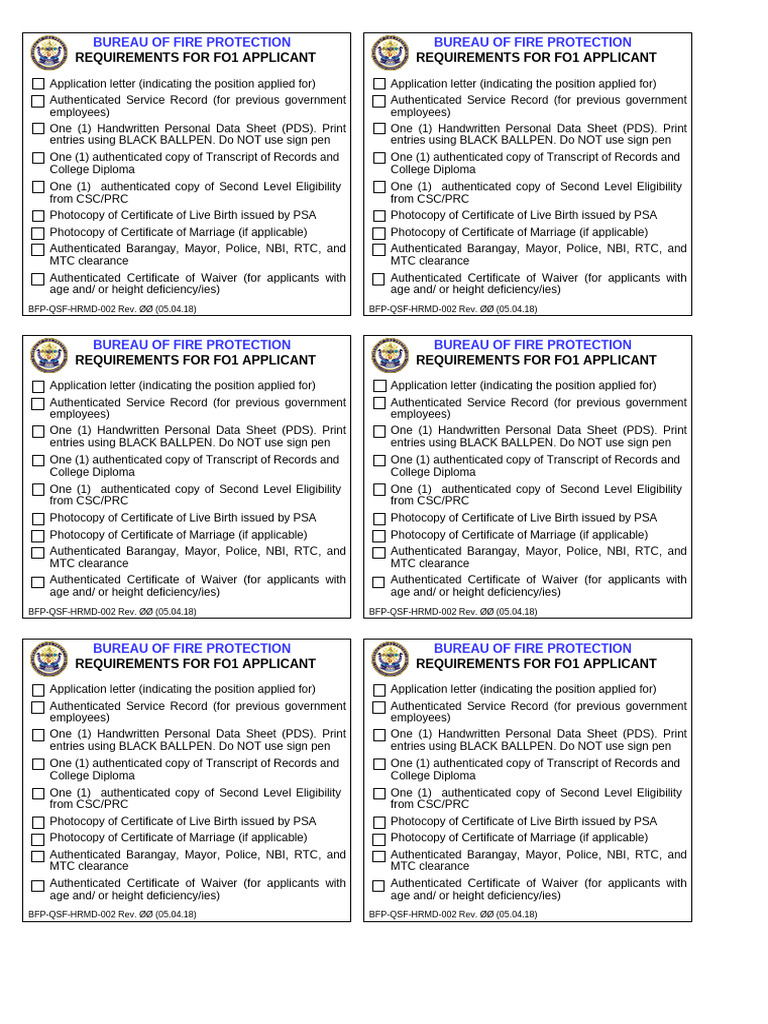 FO1 Application Requirements BFP | PDF | National Security | Government
