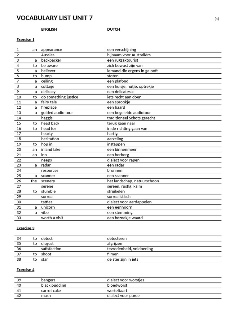 Vocabulary List Unit 7 | PDF
