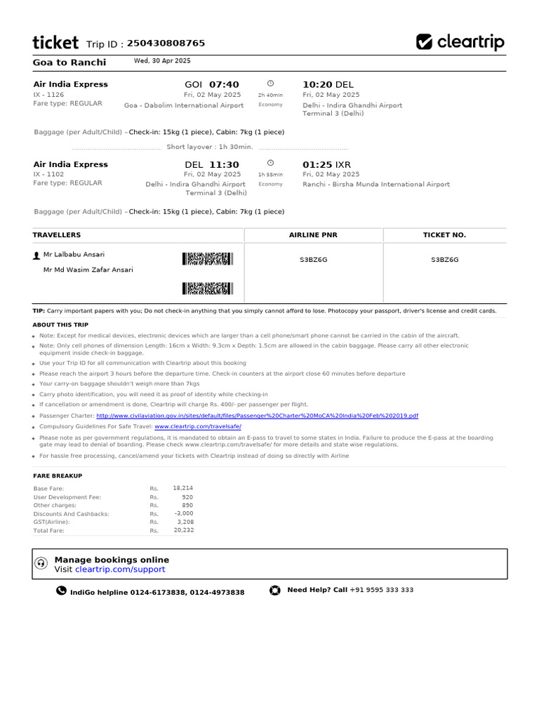 Cleartrip Flight E-Ticket 1 | PDF | Aviation