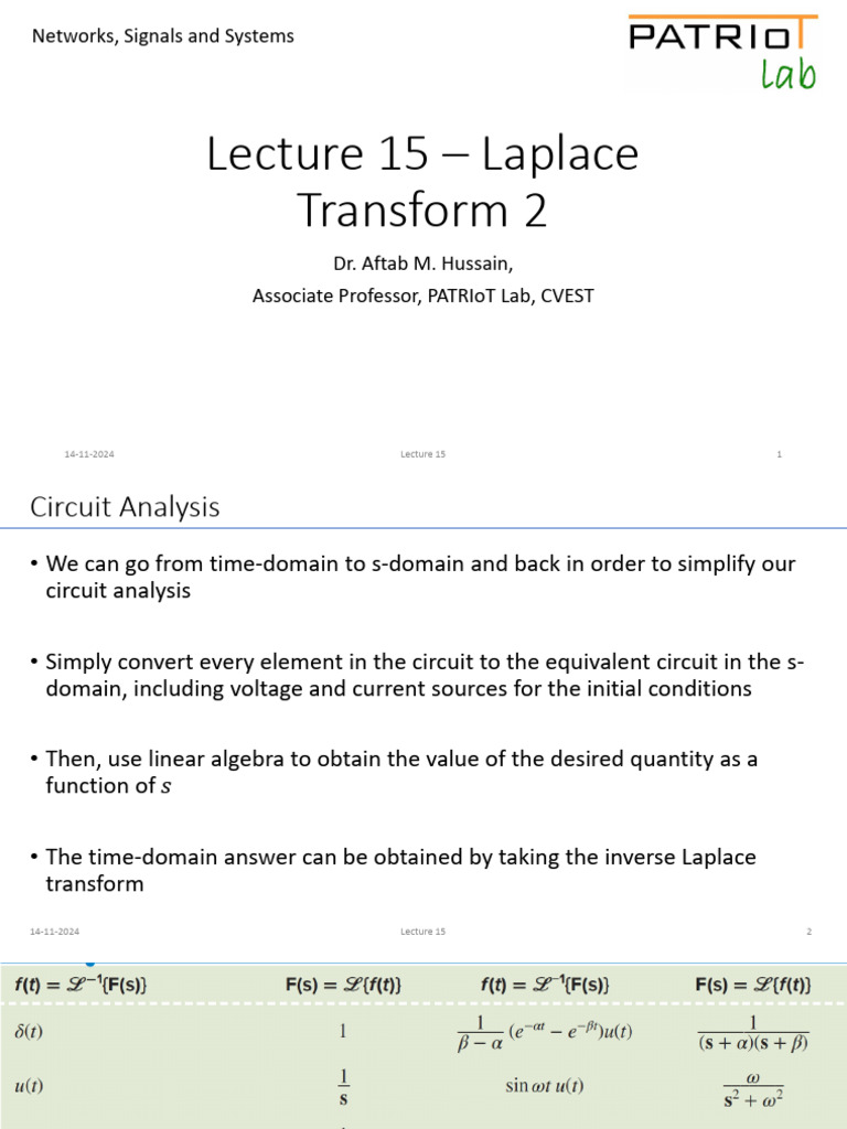 Lecture 15 - Laplace Transform 2 | PDF | Laplace Transform | Electrical Network