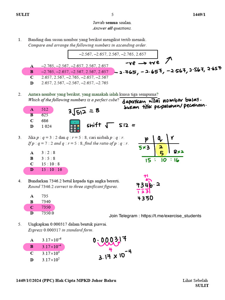 Jawapan Kertas Trial Maths k1 2024 SPM - JB Set1 | PDF