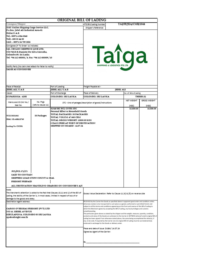 Ceylon Shipping HBL Tai FF Jea CMB 1844 Tclu8551862 | PDF | Cargo ...