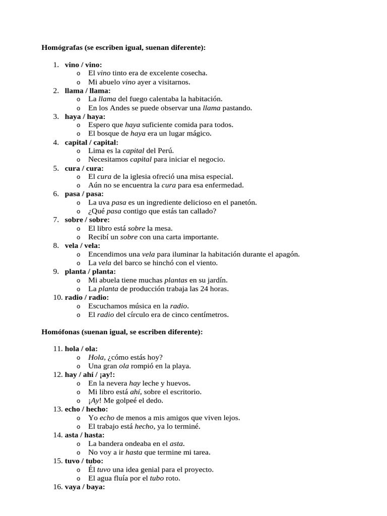 Ejemplos de Homógrafas y Homófonas | PDF