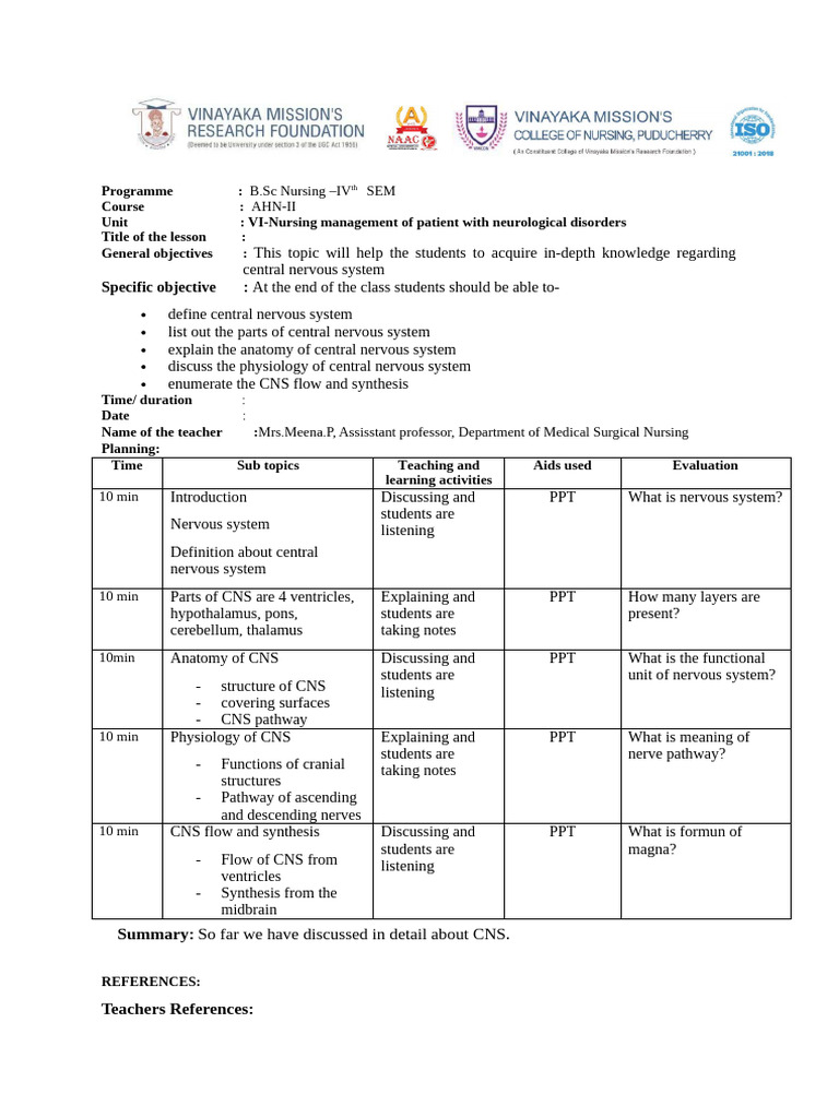 One Page Lesson Plan Neuro BSC Iv Sem | PDF | Central Nervous System ...