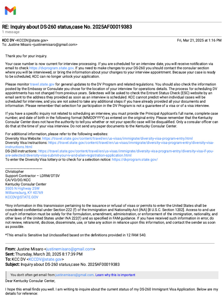 DS-260 Status Update for Case 2025AF00019383 | PDF | Consul ...