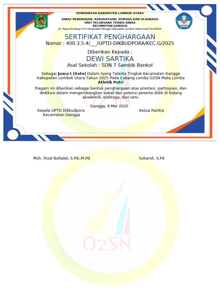Sertifikat Penghargaan Ajang Talenta O2sn | PDF