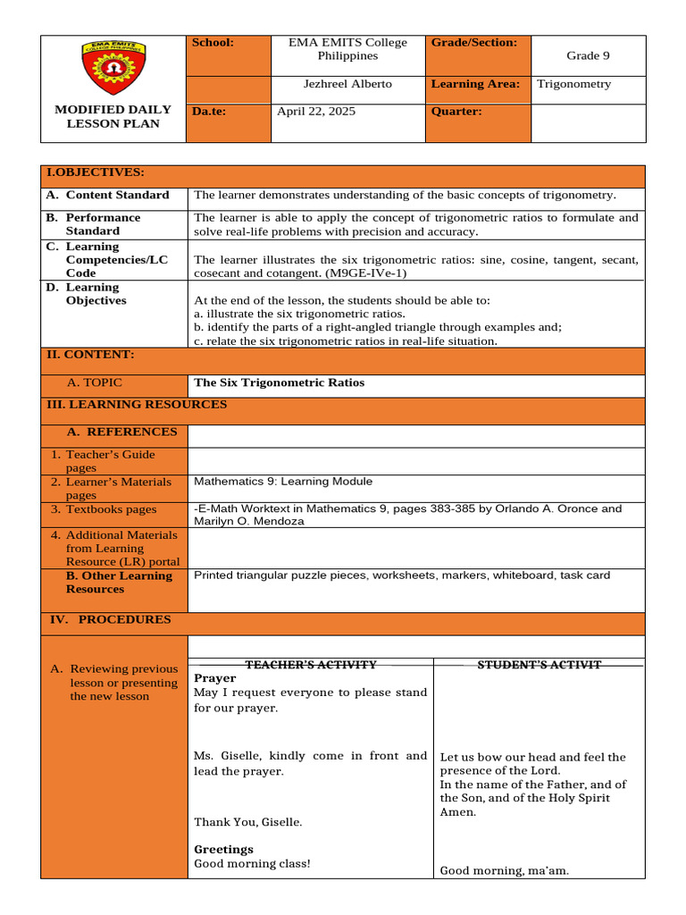 LESSON PLAN FOR FINAL DEMONSTRATION_124523 | PDF | Trigonometric ...