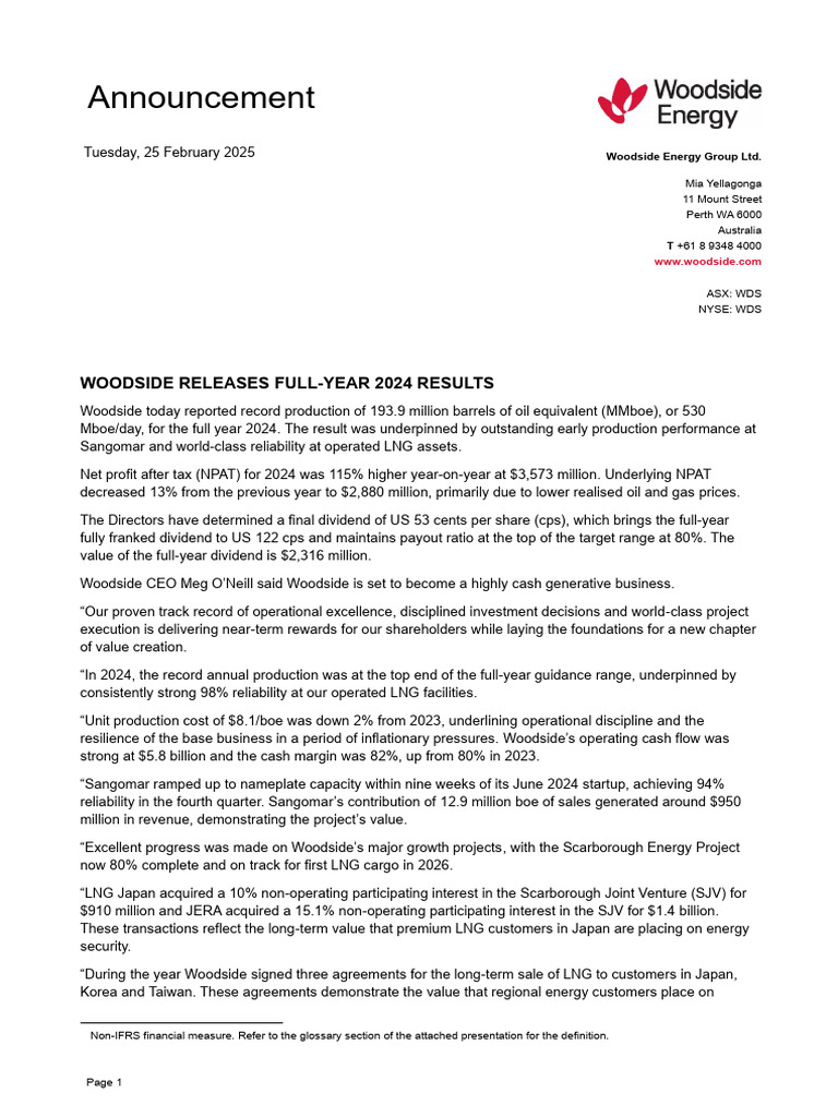 008 Woodside Releases Full Year 2024 Results | PDF | Dividend | Mergers And Acquisitions