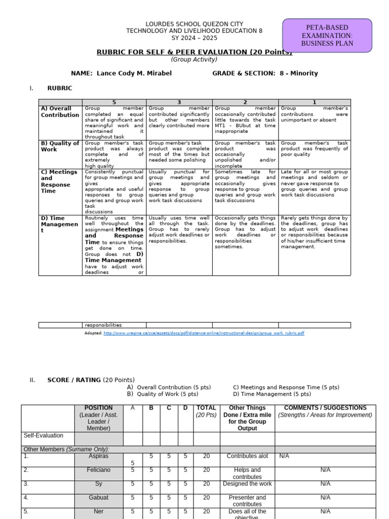 Self Peer Evaluation - Peta Based Exam - Business Plan | PDF | Social Psychology