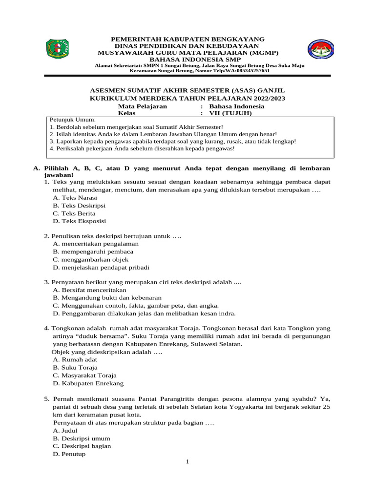 Soal Asas-Kunci B.indo KLS 7 (MGMP) | PDF