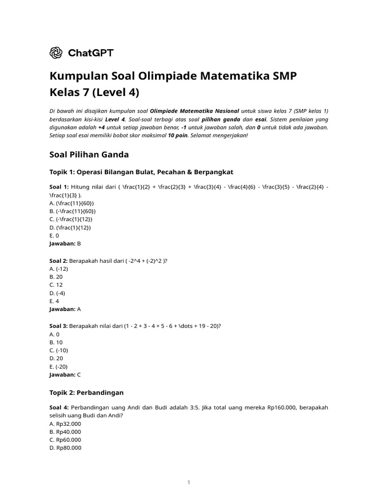 Kumpulan Soal Olimpiade Matematika SMP Kelas 7 (Level 4) | PDF