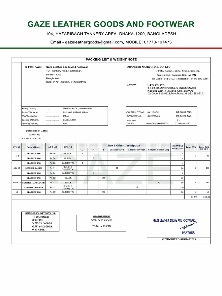 Packing List (HPSB) | PDF
